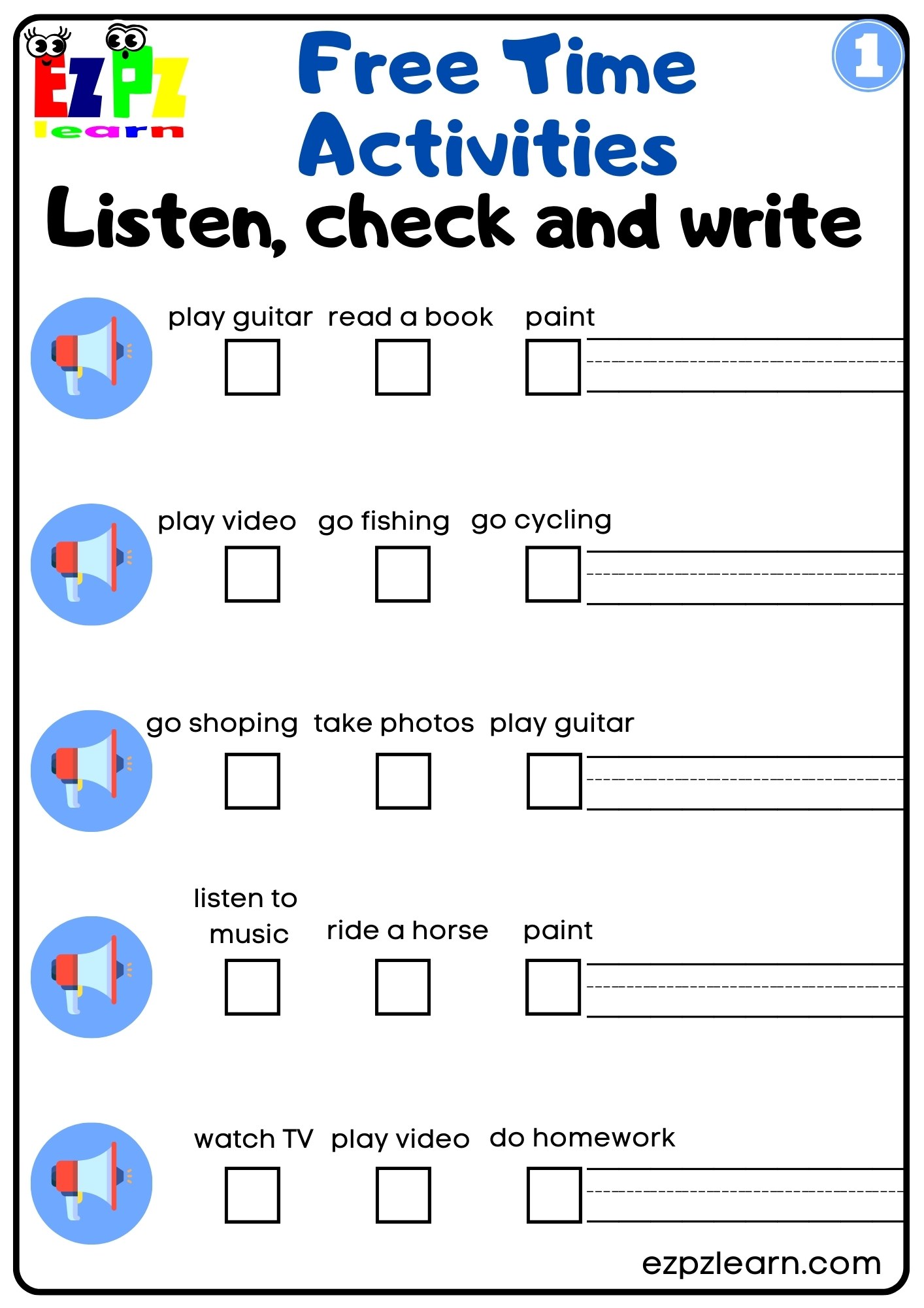 Free Time Activities Interactive Worksheet Listen, Check and Write the Words Activity for Kids ...